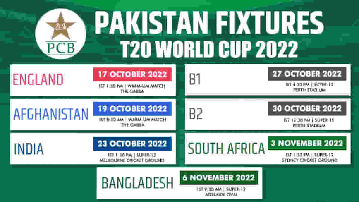 Pakistan Fixtures T20 World Cup 2022 - Schedule, Timings and Locations